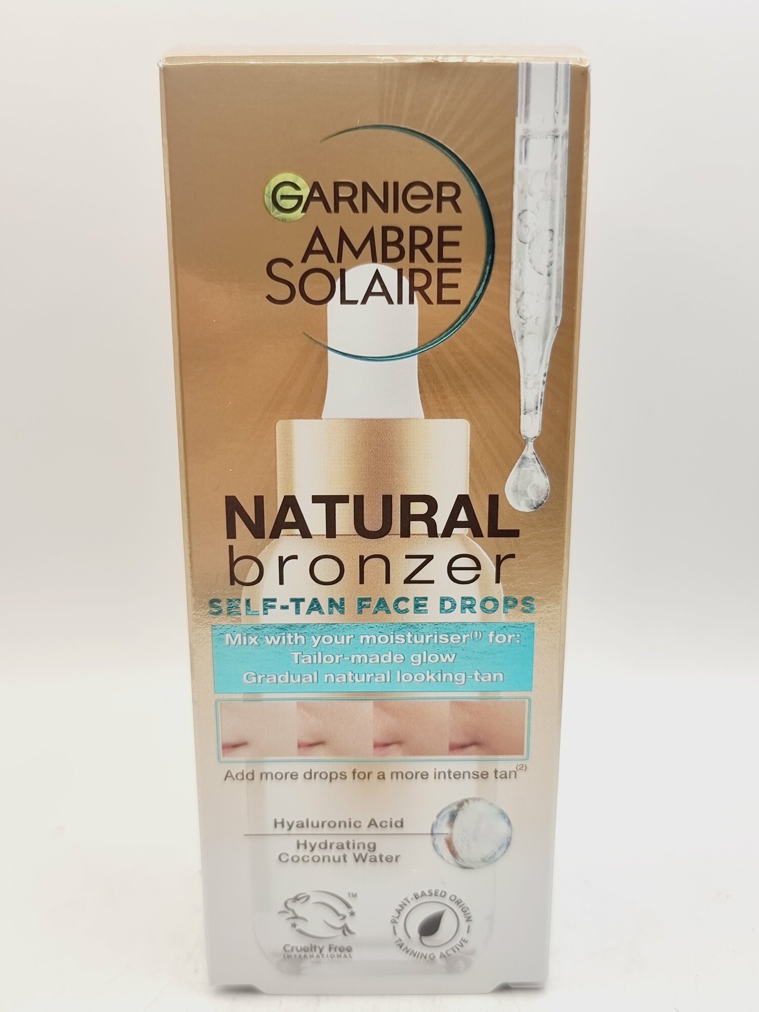 Капли-автозагар для лица Garnier Ambre Solaire Natural Bronzer с гиалуроновой кислотой и кокосовой водой 30 мл ( Из Финляндии )