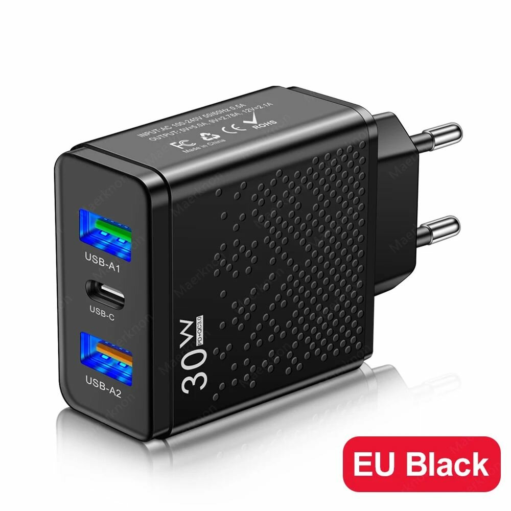 PD USB Зарядное устройство Quick Charge 3.0 30 Вт Адаптер для быстрой зарядки телефона iPhone Samsung Huawei Xiaomi 3 порта Настенный с вилкой европейского/американского стандарта