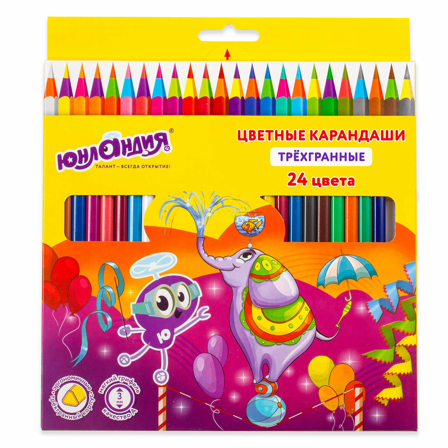 Карандаши цветные юнландия "карнавал", 24 цвета, трехгранные, грифель 3 мм, 181686 (цена только за 1 шт.)