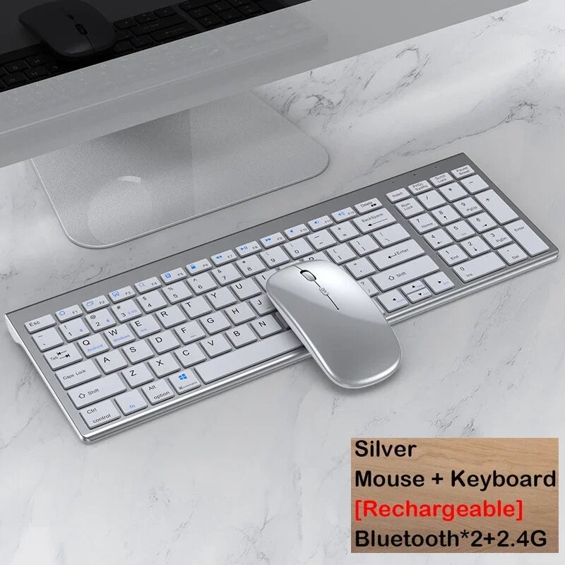 Беспроводной комплект: клавиатура и мышь, Silver Set, Bluetooth 2.4G, переключатели Russian and English