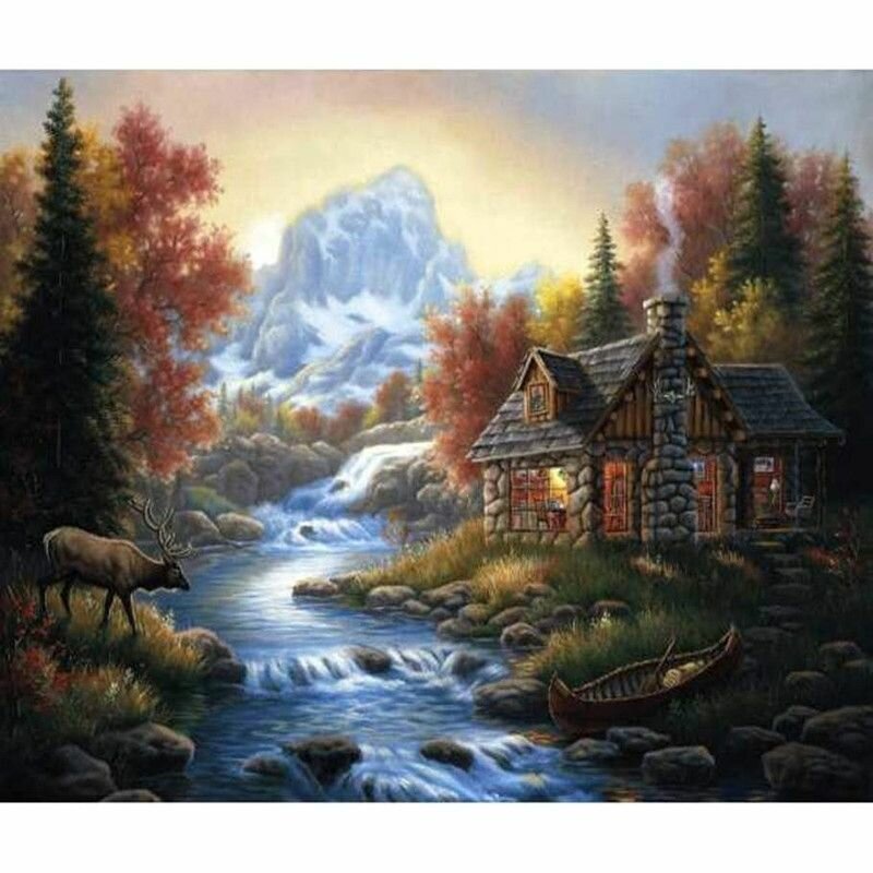 Картина по номерам КНР Домик у горной речки, роспись по холсту, 40х50 см, в коробке