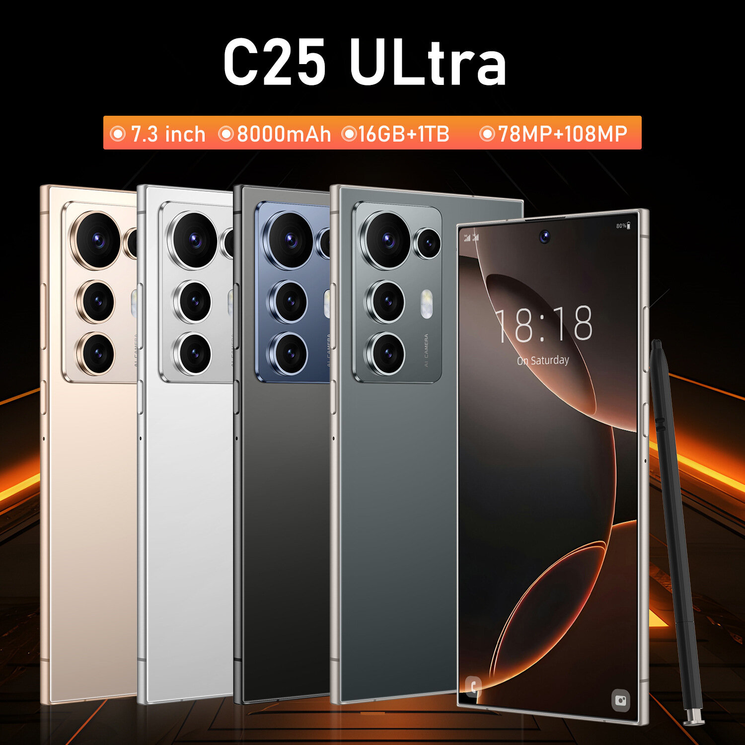 Смартфон C25ultra, 7.3", Android 12, золотой