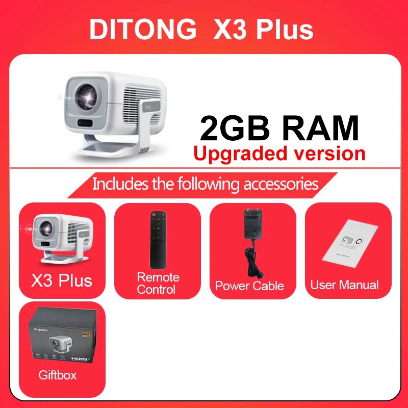 DITONG X3Plus HD проектор Европейская вилка (EU Plug), X3 PLUS 2G RAM