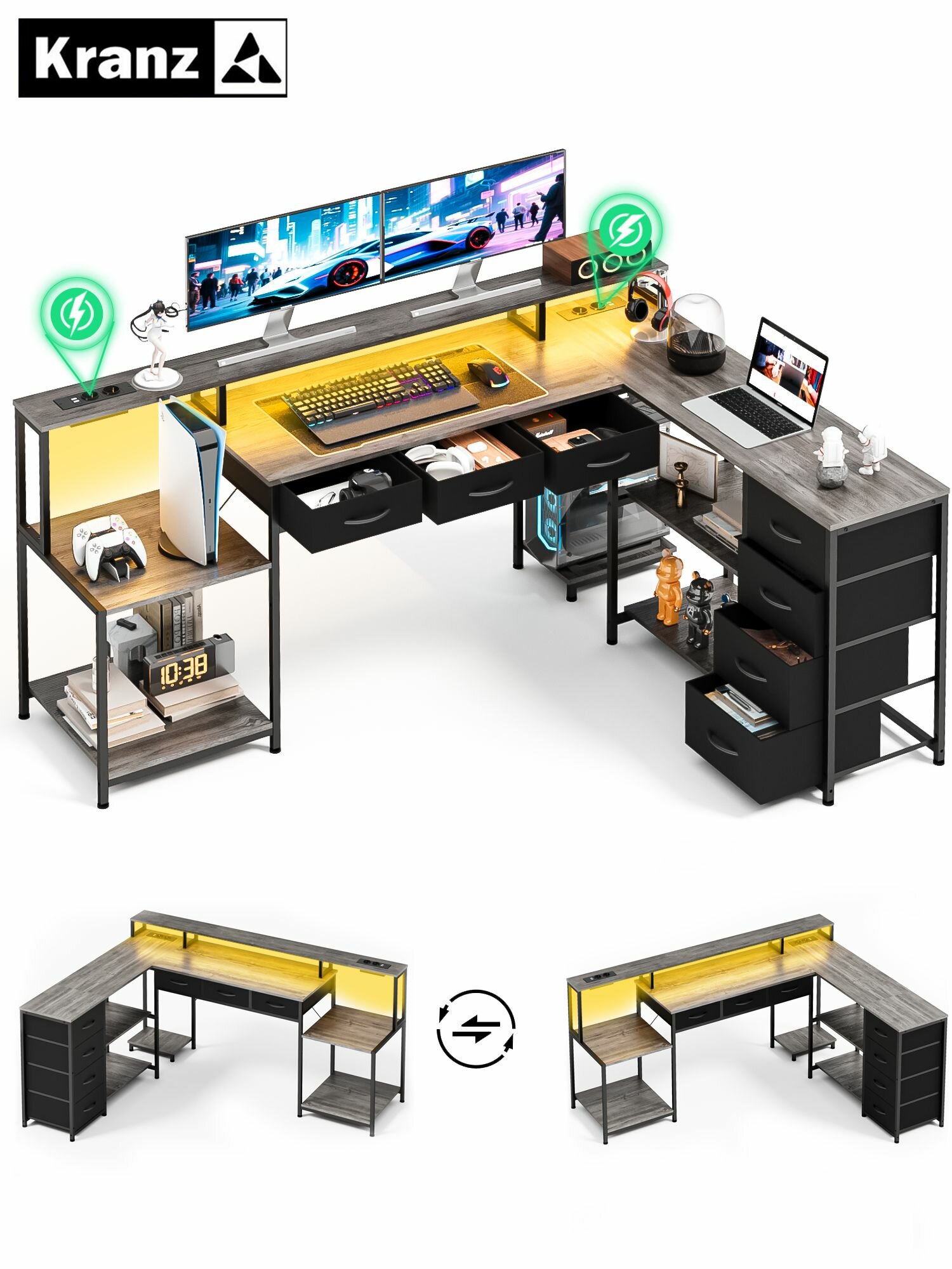 Kranz 180 см с 7 ящиками, 2 розетками, подставкой для монитора, полкой и светодиодной подсветкой, черный ADNZ-007-QXM