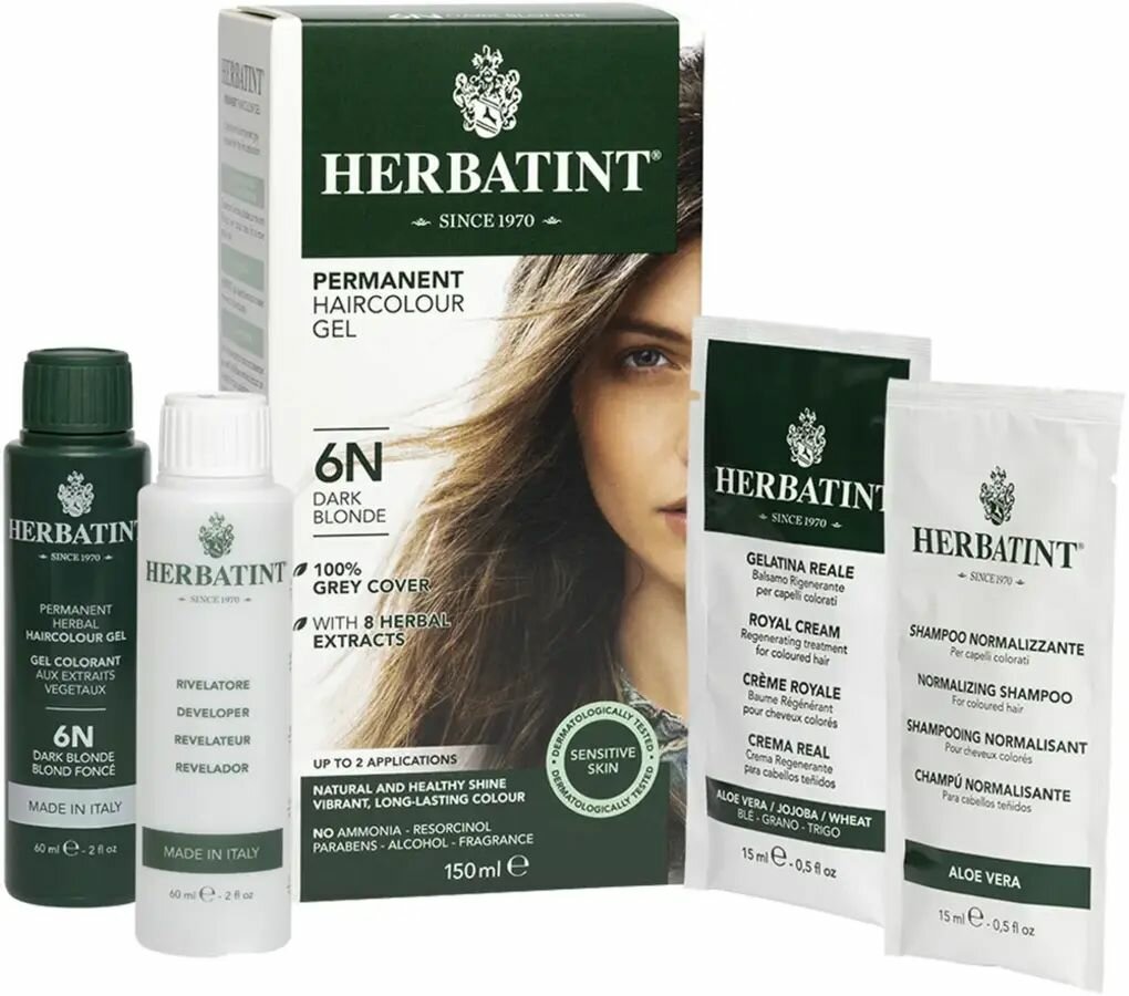 Гель-краска для волос без аммиака с экстрактами натуральных растений тон 6N тёмный блондин HERBATINT, 150 мл