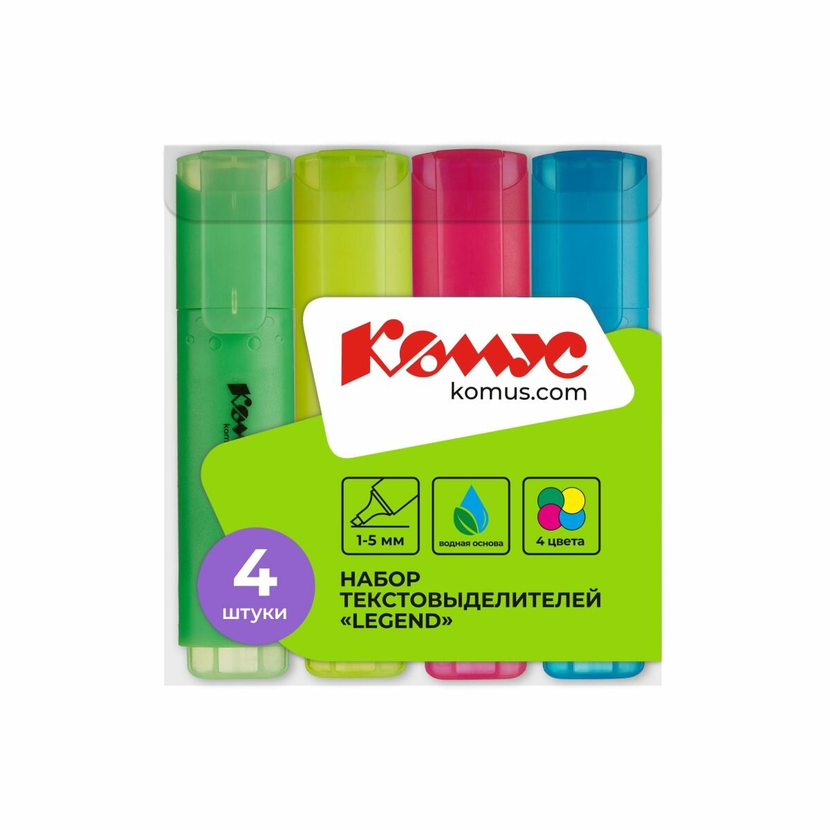Набор маркеров-текстовыделителей Комус Legend (1-5мм, 4 цвета) 4шт. (1056799), 12 уп.