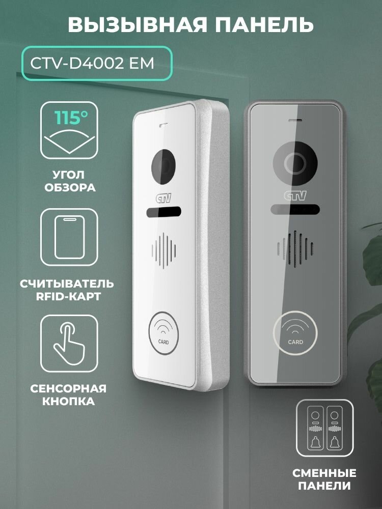 Кнопка видеодомофона CTV-D4002EM для квартиры, офиса сенсорная со считывателем, Full HD, угол обзора 115° Серебро