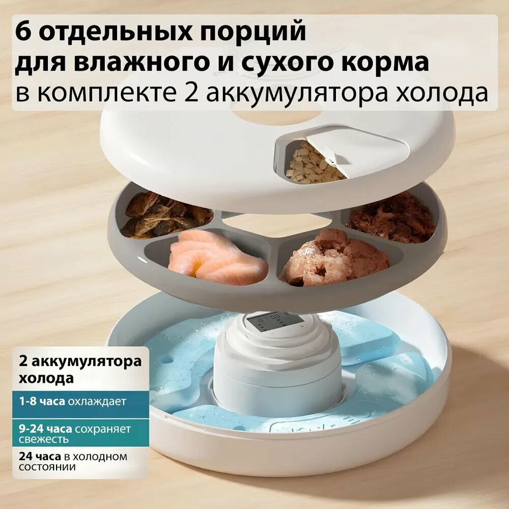 Автокормушка Petwant F19-L 6 секций, ж/к дисплей, с охлаждением, для сухого и влажного корма, белая