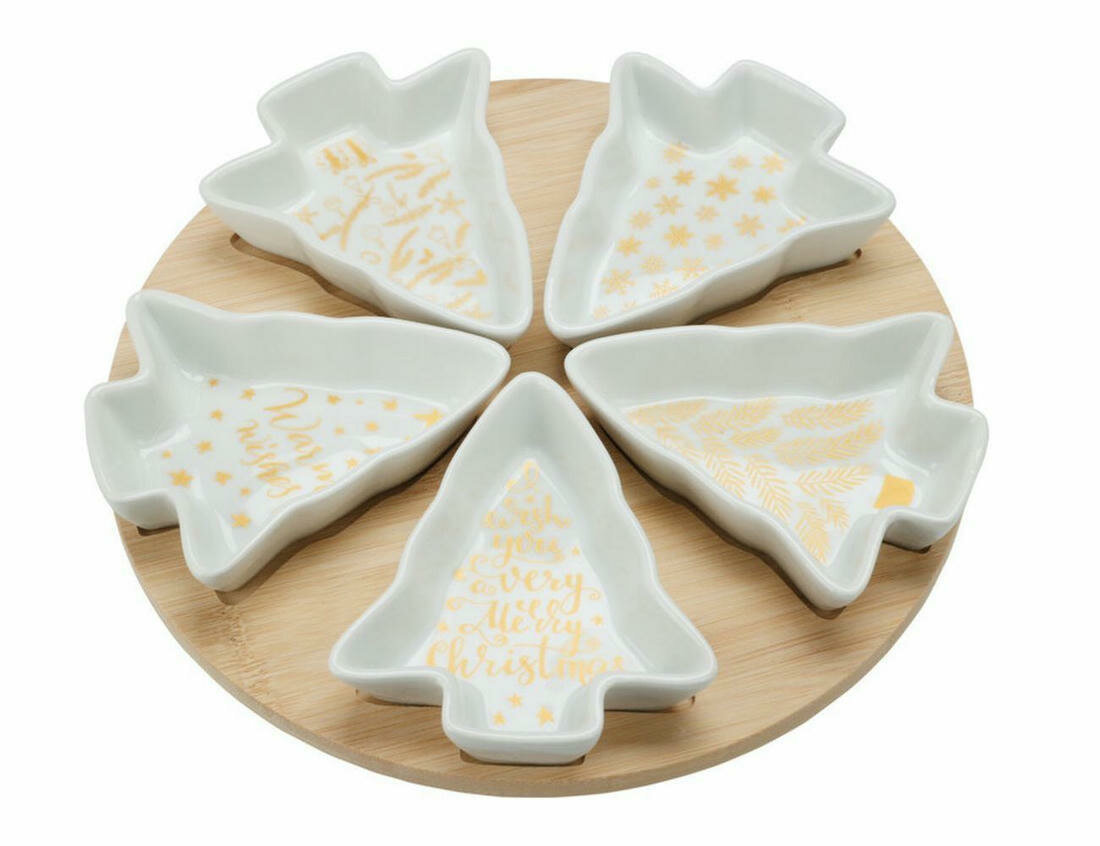 Сервировочное блюдо-менажница, керамика, бамбук, 27 см, 6 предметов, Koopman International