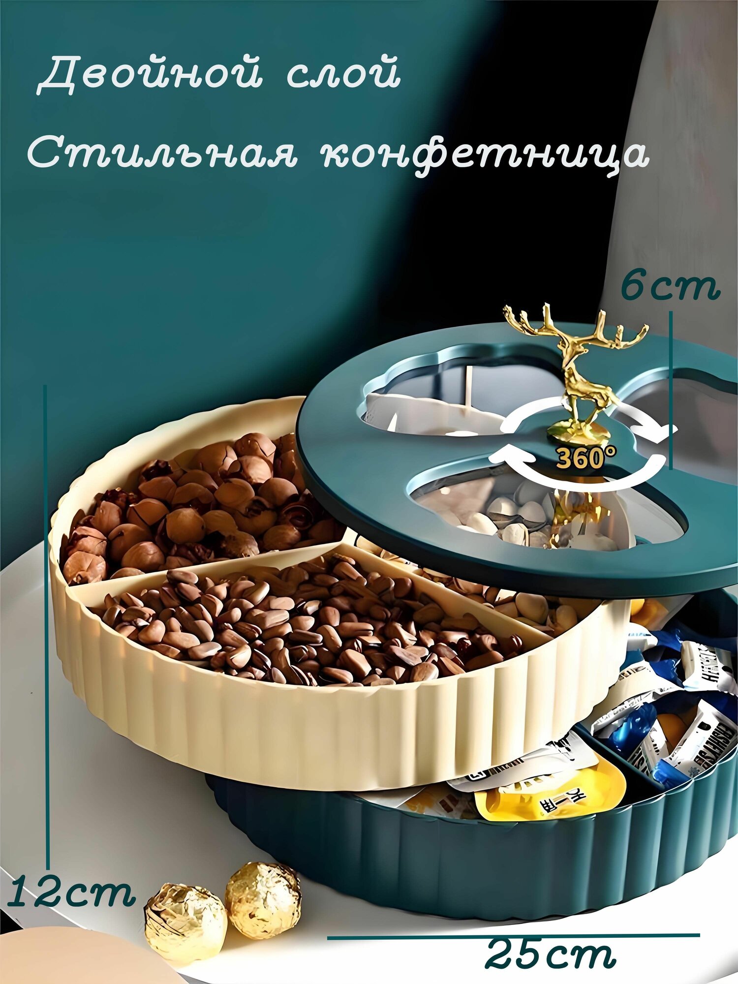 Конфетница Обширные Финансовые Ресурсы, пластик, 25 см, с крышкой, золотистая