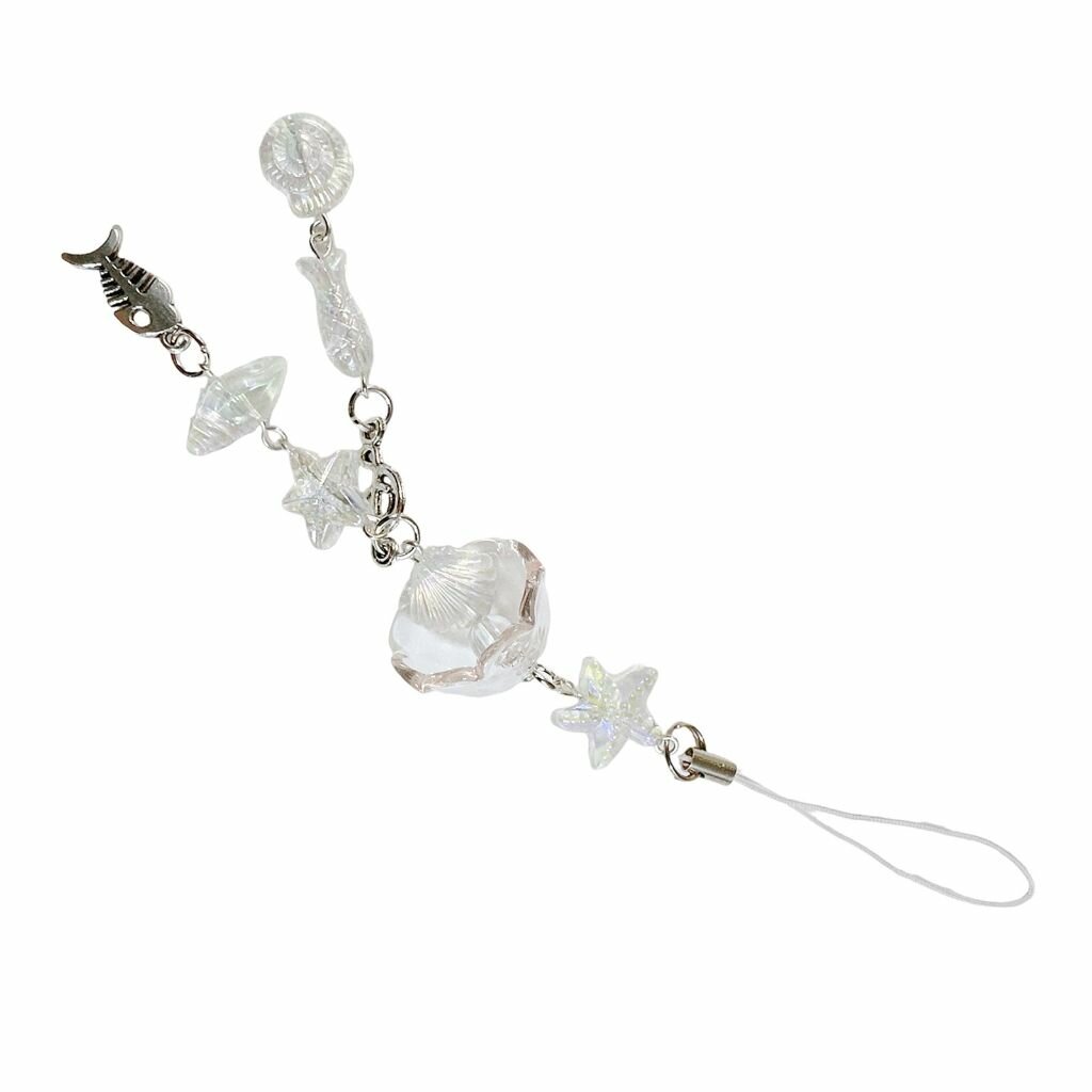 Брелок, Подвеска для телефона из бисера с морской раковиной и рыбкой - белый