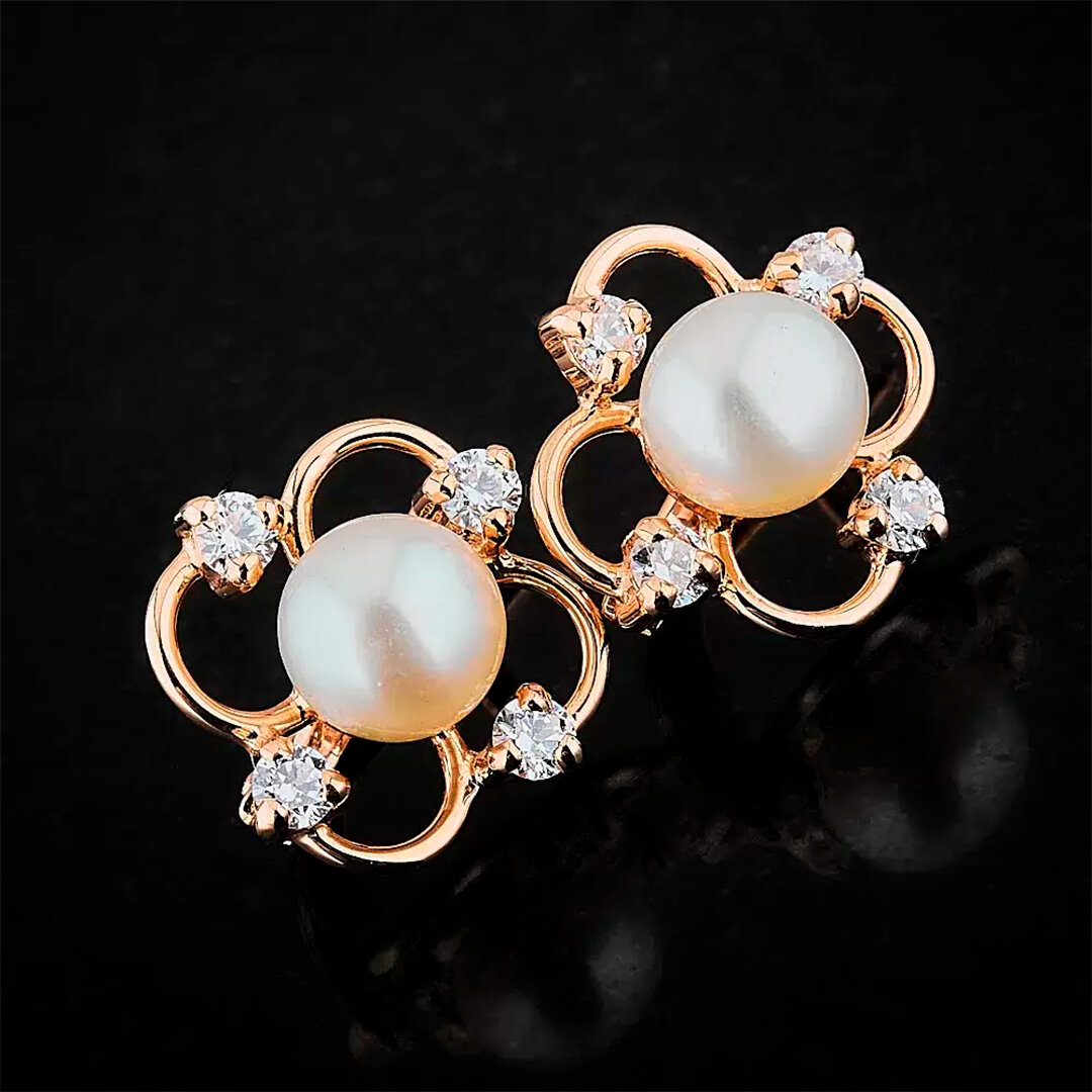 Серьги красное золото, 585 проба, жемчуг культивированный, фианит