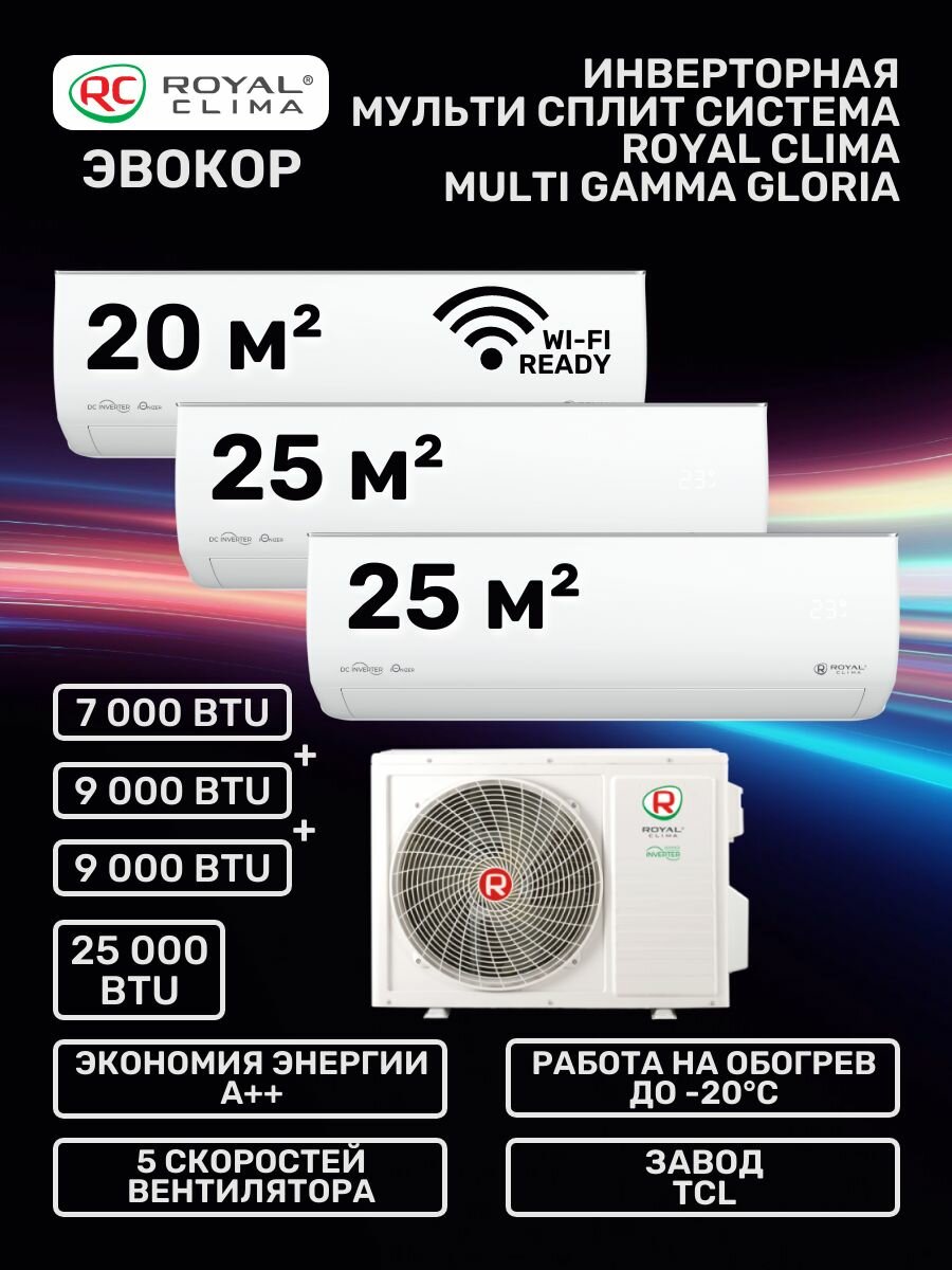 Инверторная мульти сплит-система ROYAL CLIMA MULTI GAMMA GLORIA на 3 комнаты (20м2 + 25м2 + 25м2) 3TFM-25HN/OUT + RCI-GLD07HN + 2* RCI-GLD09HN_noWF