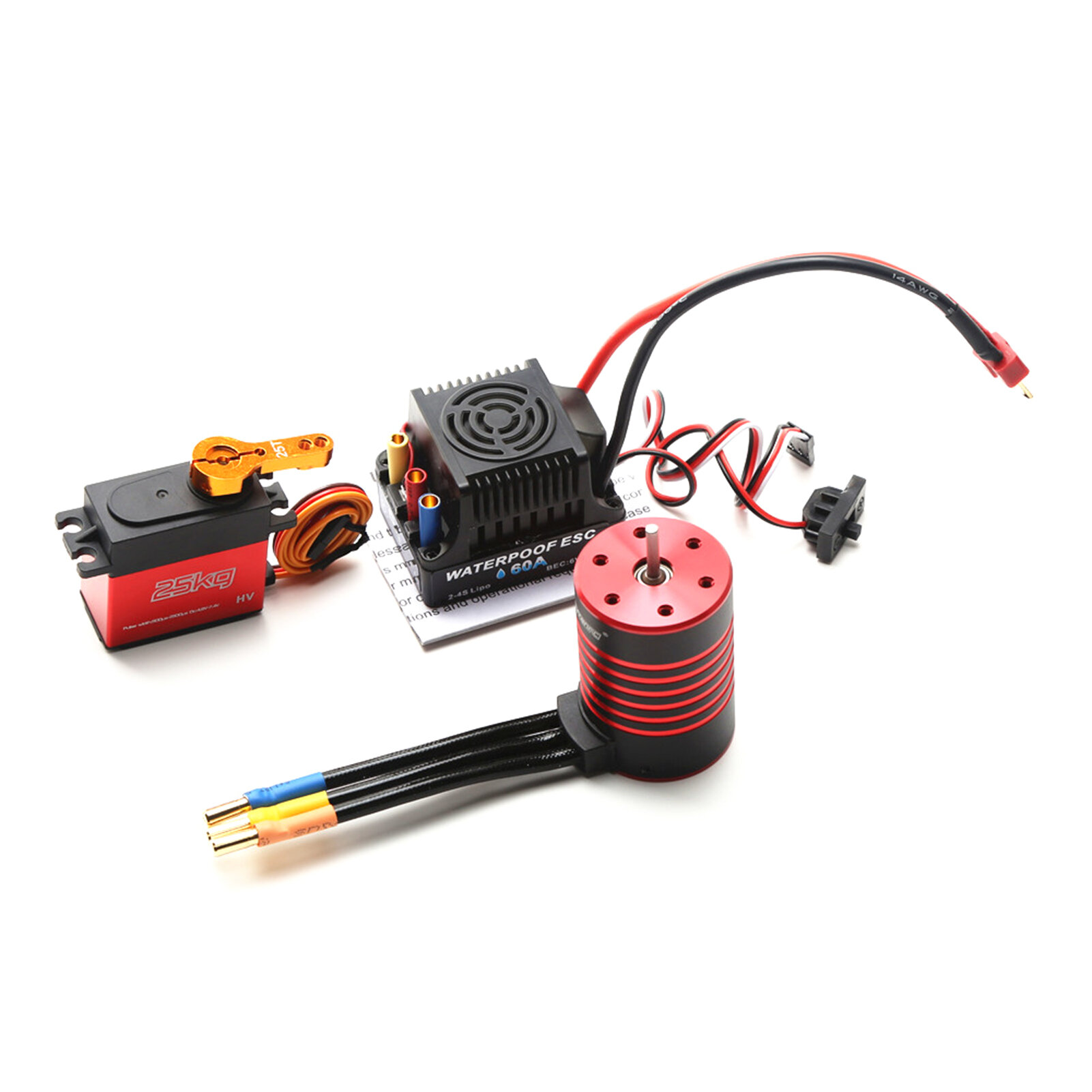 3650 Brushless Motor 2300KV Waterproof 60A ESC T Plug 25KG Servo для 1/10 RC Car Truck 0.0126 56A Max Current 50000 RPM <16V Max Voltage 900W 36mm Diameter 50mm Length 0.0007ohm 2-3S Lipo 4-9Cells NiMH 5.8V/3A BEC 51.5*68.5*38.5mm