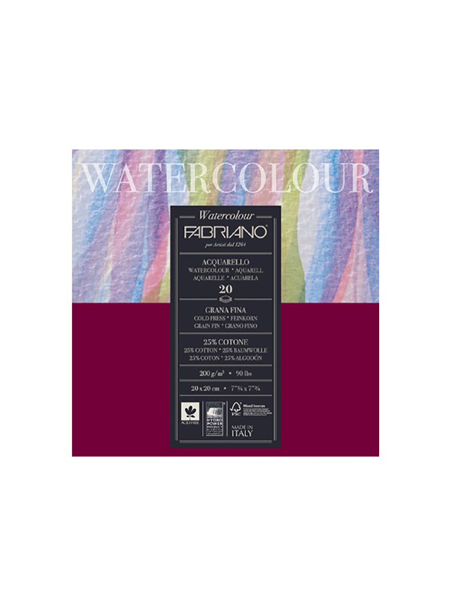 Альбом для акварели FABRIANO Watercolour, фактурная бумага, 20 л, 20x20 см