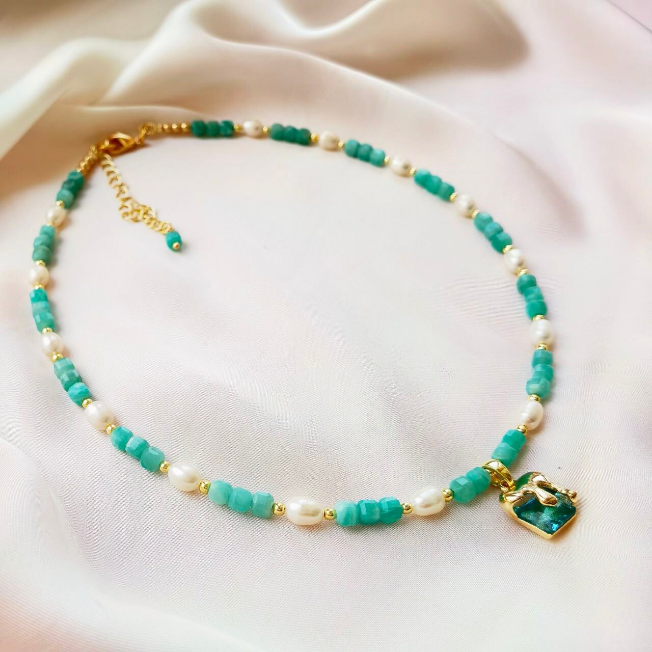 Чокер, амазонит, жемчуг культивированный