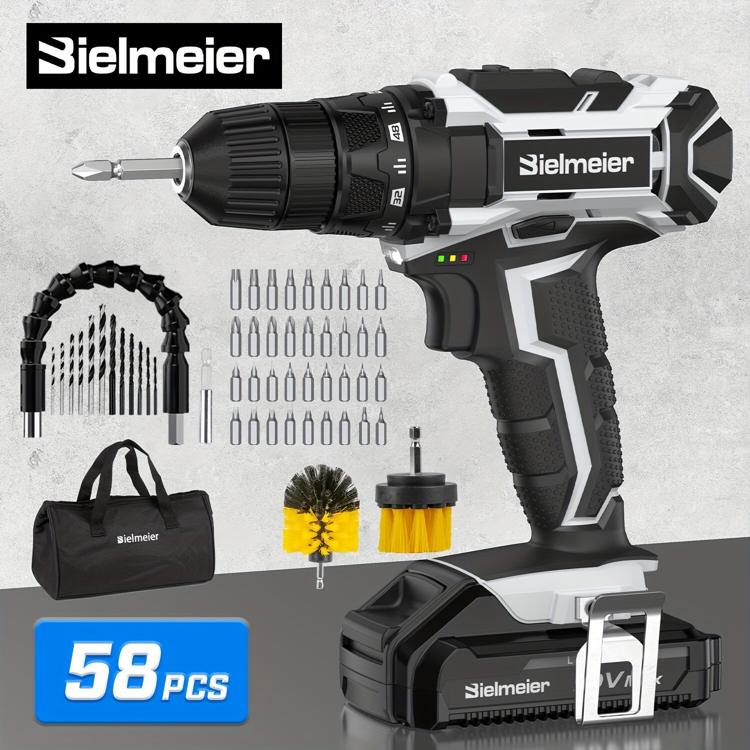 Набор беспроводной дрели Biemeier 20V, литий-ионный аккумулятор 1500 мАч, патрон 3/8" без ключа, максимальный крутящий момент 370 Нм, 2 скорости