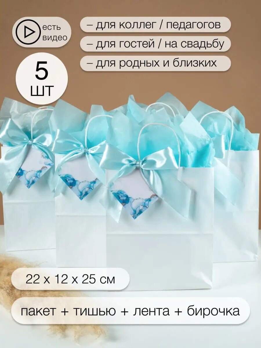 Подарочные пакеты бумажные с бантом, тишью и биркой набор 5 шт.