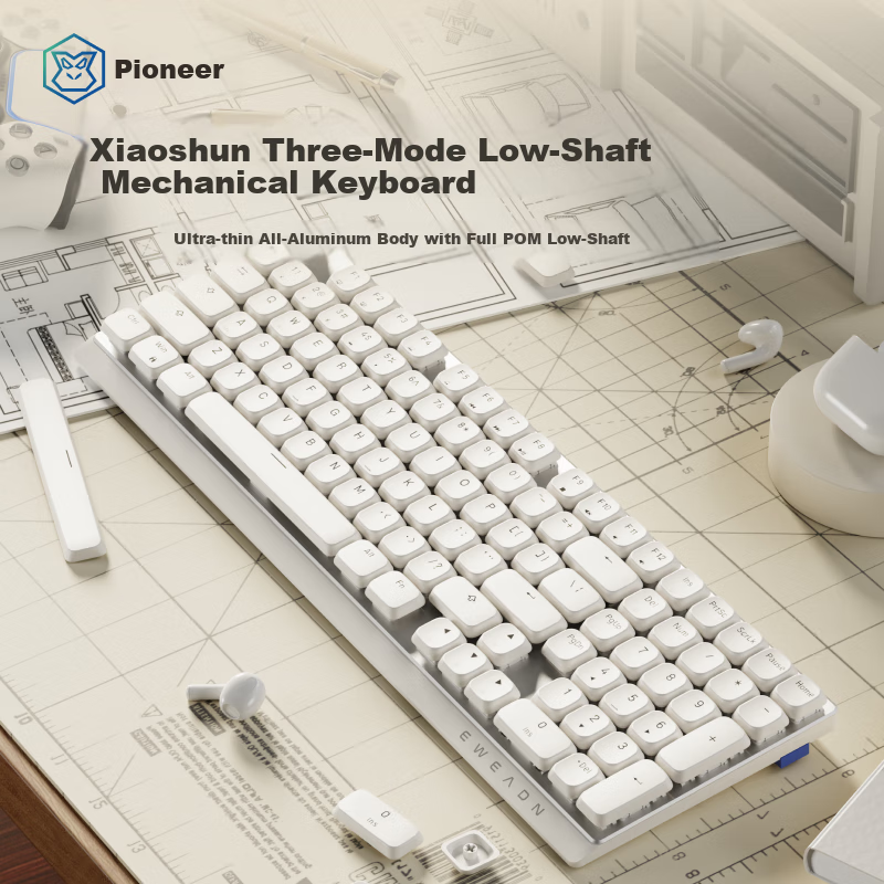Pioneer MK100 Low-Profile Mechanical Keyboard Wireless Wired Bluetooth Three Modes Lightweight Portable High-End Office Gaming Computer Notebook iPad Tablet Smartphone White Axis White