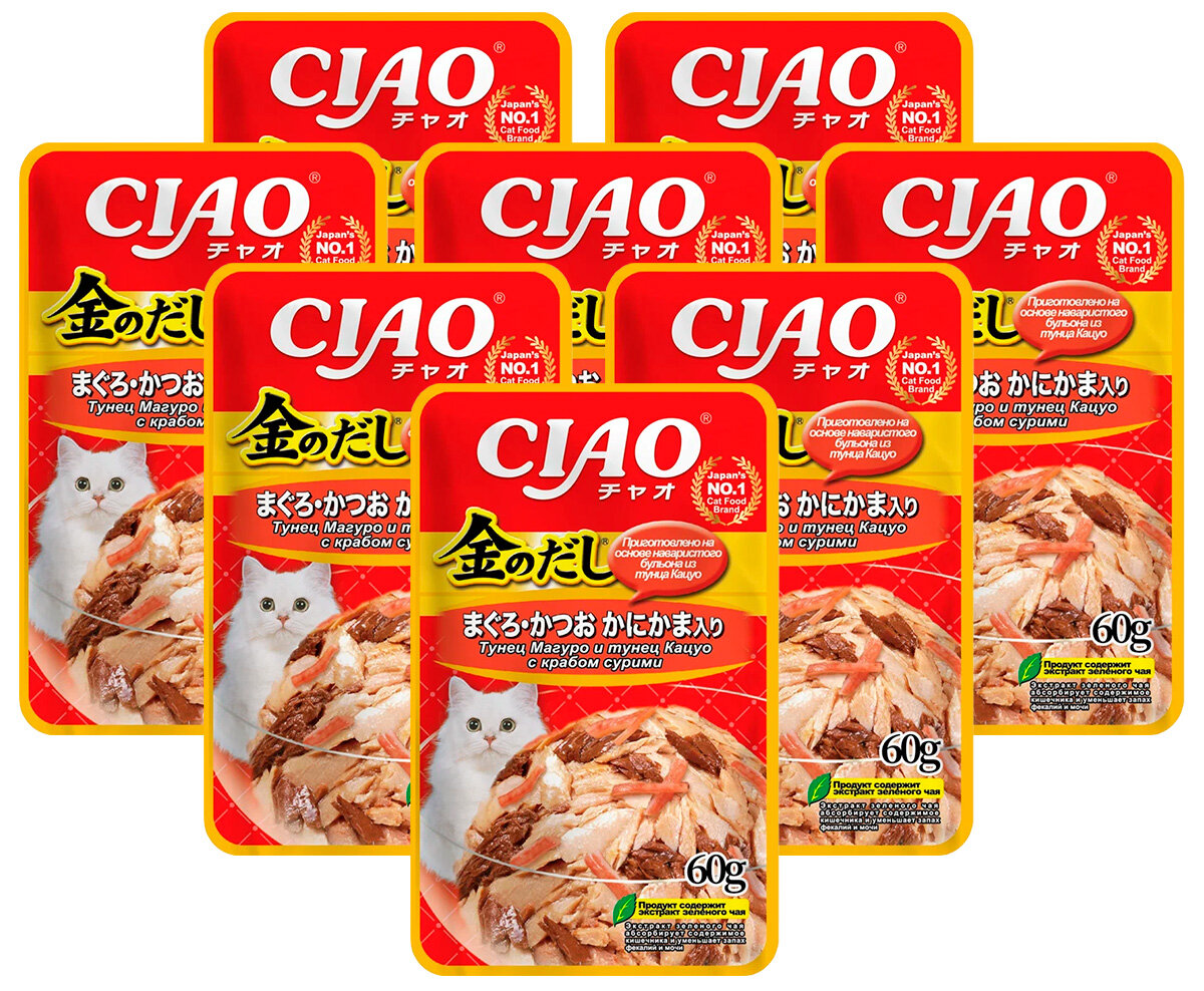 Корм влажный Inaba Ciao Kinnodashi для взрослых кошек, тунец Магуро, тунец Кацуо и краб сурими, 60 гр х 8 шт