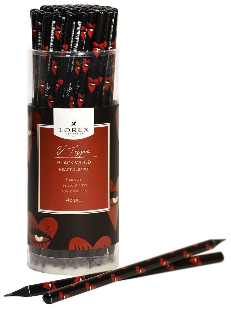 Карандаш чернографитный деревянный LOREX V-TYPE BLACK WOOD HEART GLIMPSE НВ заточенный, трехгранный 1 шт
