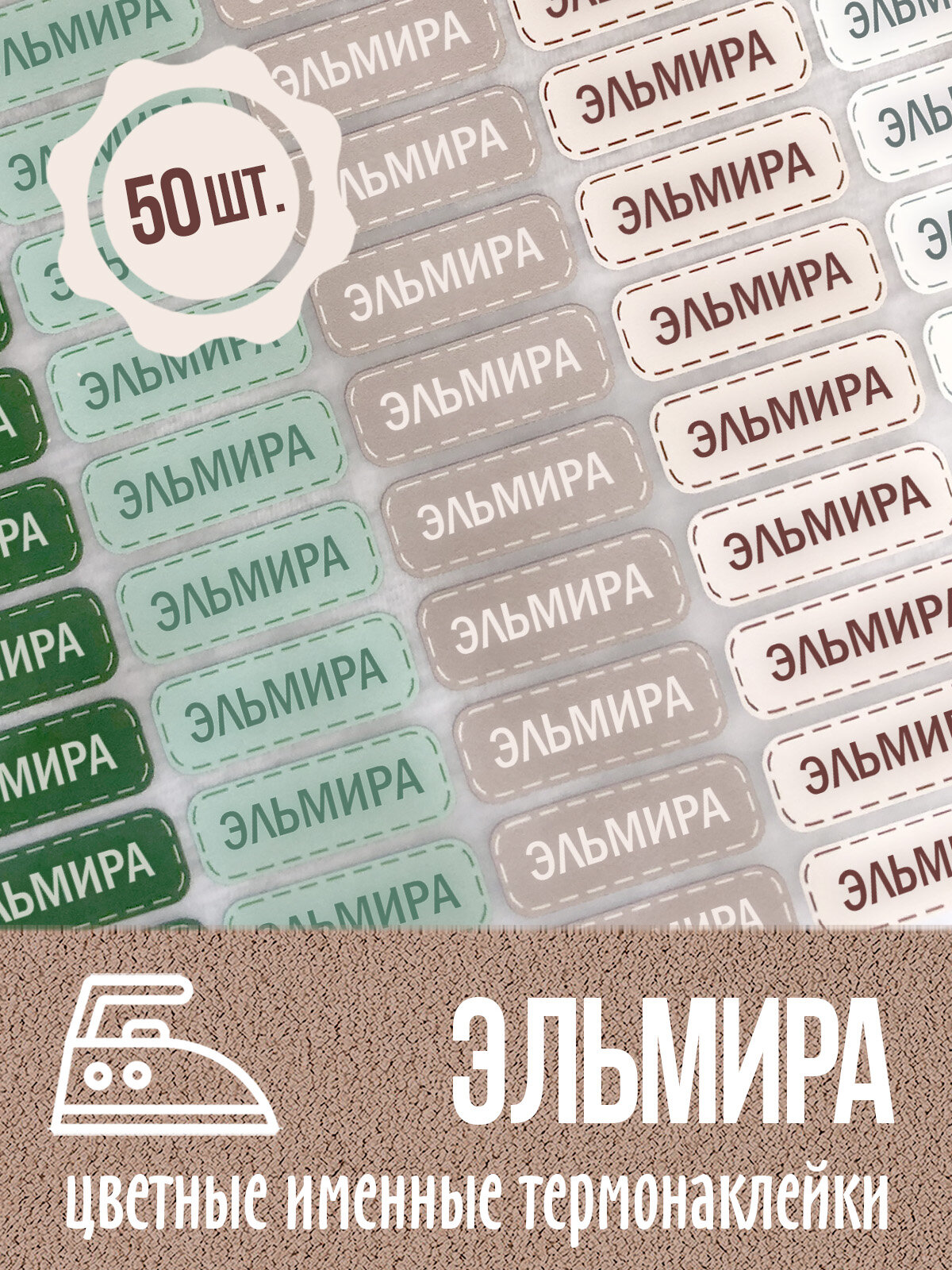 Термонаклейки для одежды с именем Эльмира, 50 шт, цвет кофе-мята