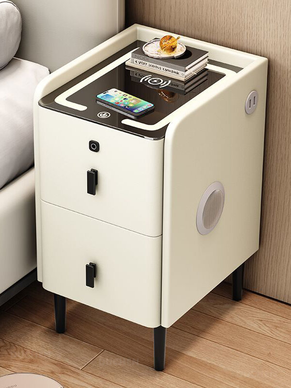 Умная прикроватная тумбочка из массива дерева, беспроводная зарядка + трехцветная подсветка + блокировка отпечатков пальцев + USB-интерфейс + аудио Bluetooth