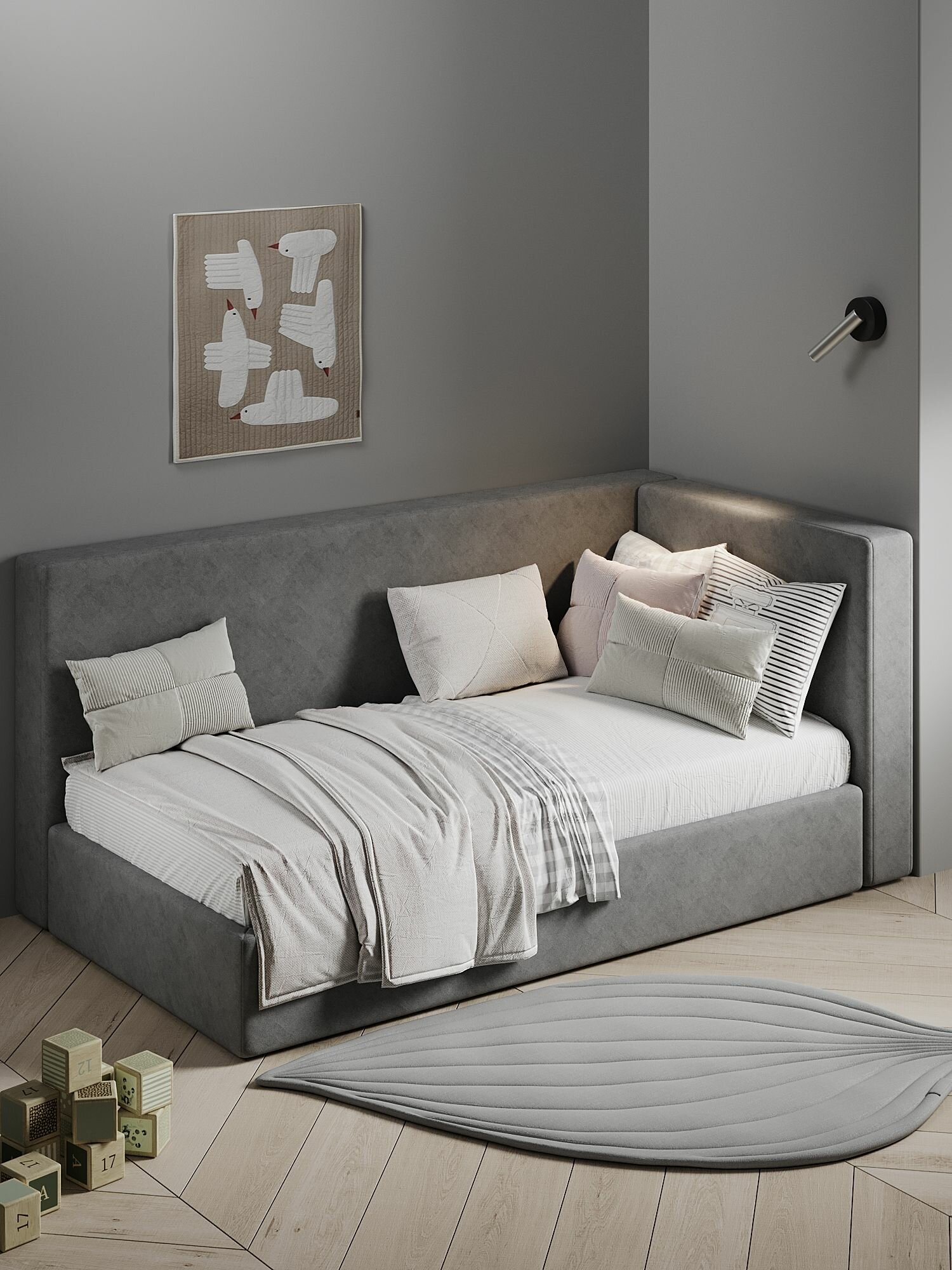 Кровать детская Альтхоум Kids 2 Матрац 100х200 см/Каркас кровати 125х225 см серый, велюр