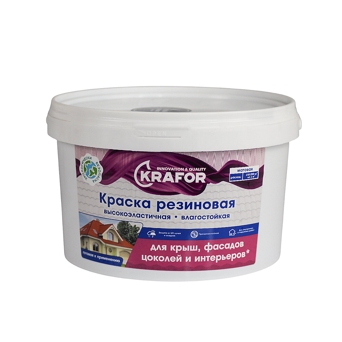 Краска резиновая Krafor, шелковисто-матовая, база А, белая, 3 кг