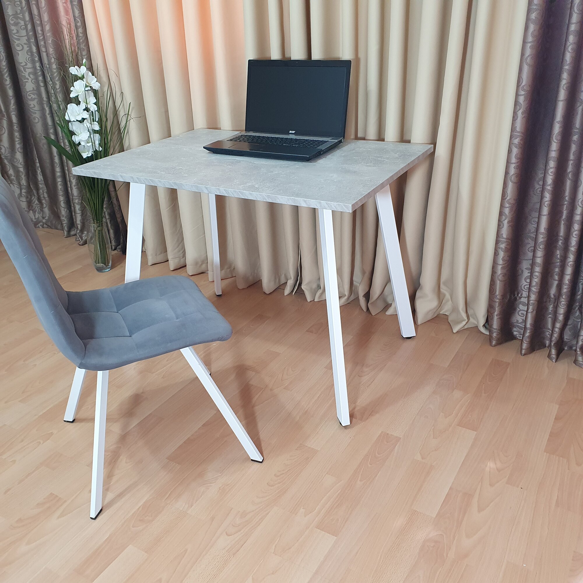 Письменный стол Ник 100*70 см. Бетон светлый. Белые ножки