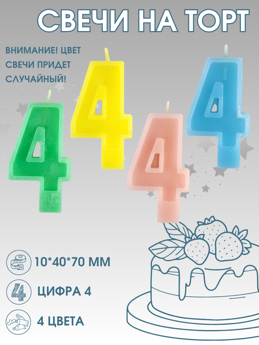 Свеча для торта CHAMELEON "Цифра 4", одноцветная, 7 см, парафин