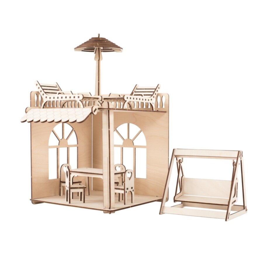 Мебель для кукол, кукольная мебель, деревянная ХэппиДом "Пристройка с качелями Premium"