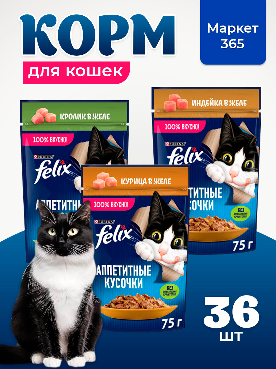 Корм для кошек влажный, Felix желе, Набор: индейка, кролик, курица. 36 шт x 75 г