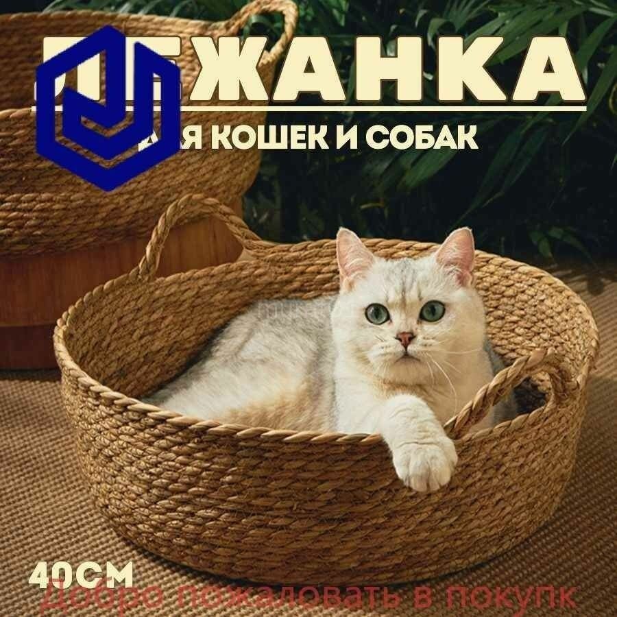 Лежанка-корзина для кошек и маленьких собак до 8 кг: экологически чистый дышащий материал, удобные ручки для переноса, размер 40х40х12 см, легко чистится от шерсти и загрязнений