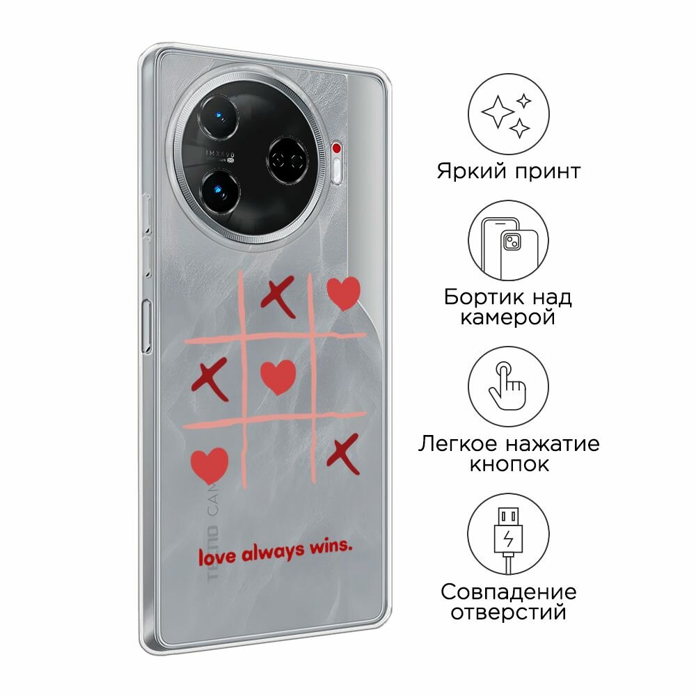 Чехол на Tecno Camon 30 Pro 5G / Текно Камон 30 Про 5G с принтом "love always wins - 14 февраля", прозрачный — фото 1
