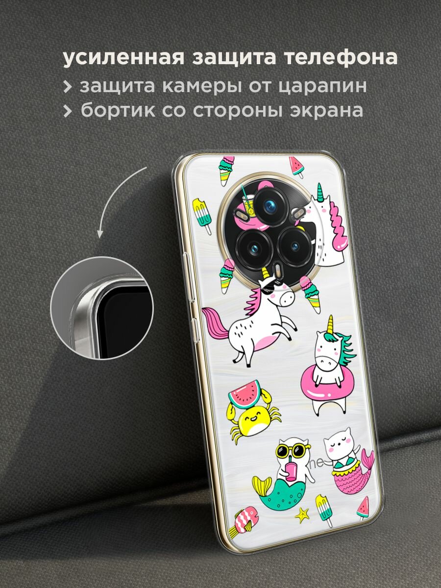 Чехол на Realme 14 Pro+ / Реалми 14 Про+ с принтом "Единороги в отпуске", прозрачный — фото 1