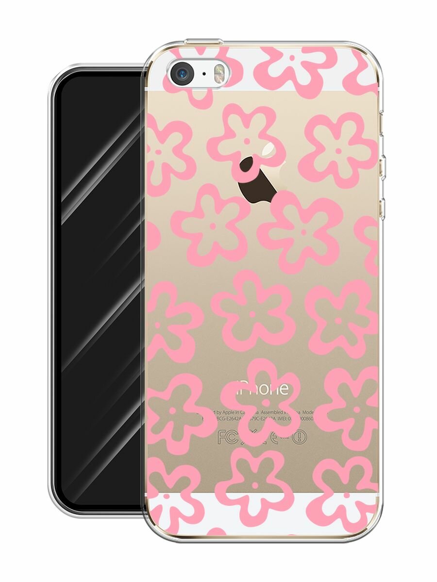 Чехол на Apple iPhone 5/5S/SE / Айфон 5/5S/SE с принтом "Простые розовые цветочки", прозрачный — фото 1