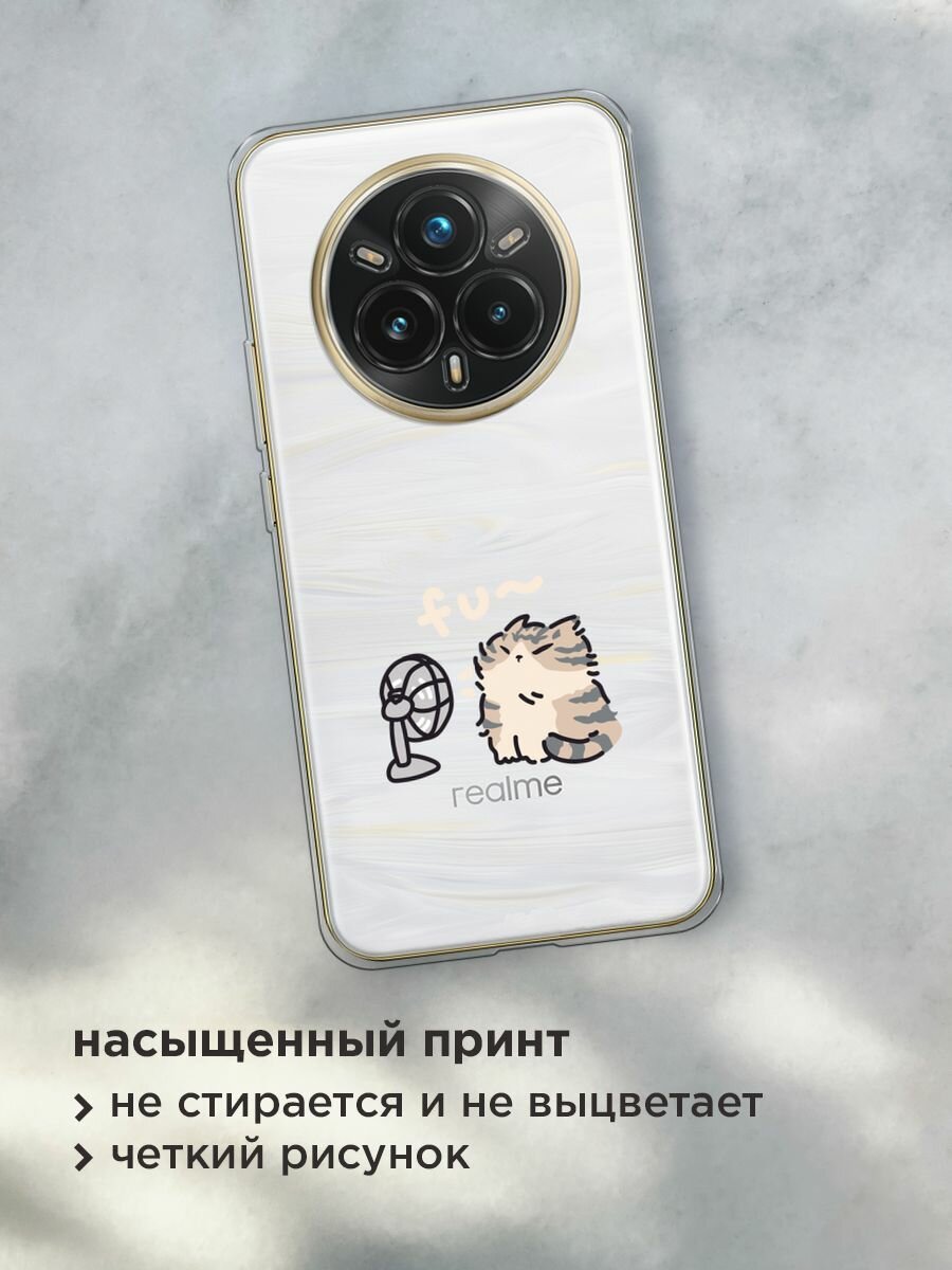 Чехол на Realme 14 Pro+ / Реалми 14 Про+ с принтом "Котик с вентилятором", прозрачный — фото 1