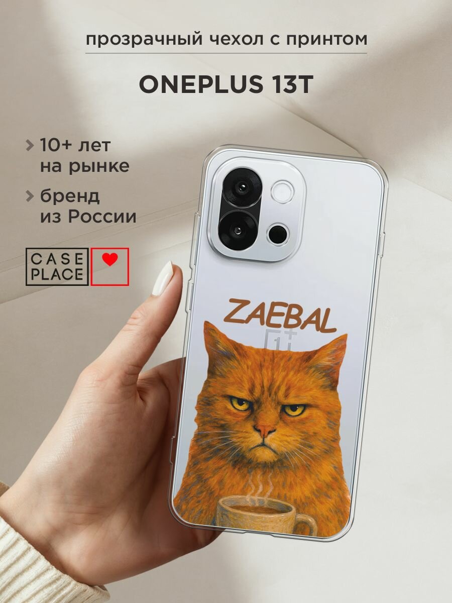 Чехол на OnePlus 13T / Ван Плас 13Т с принтом "Рыжий кот с надписью", прозрачный