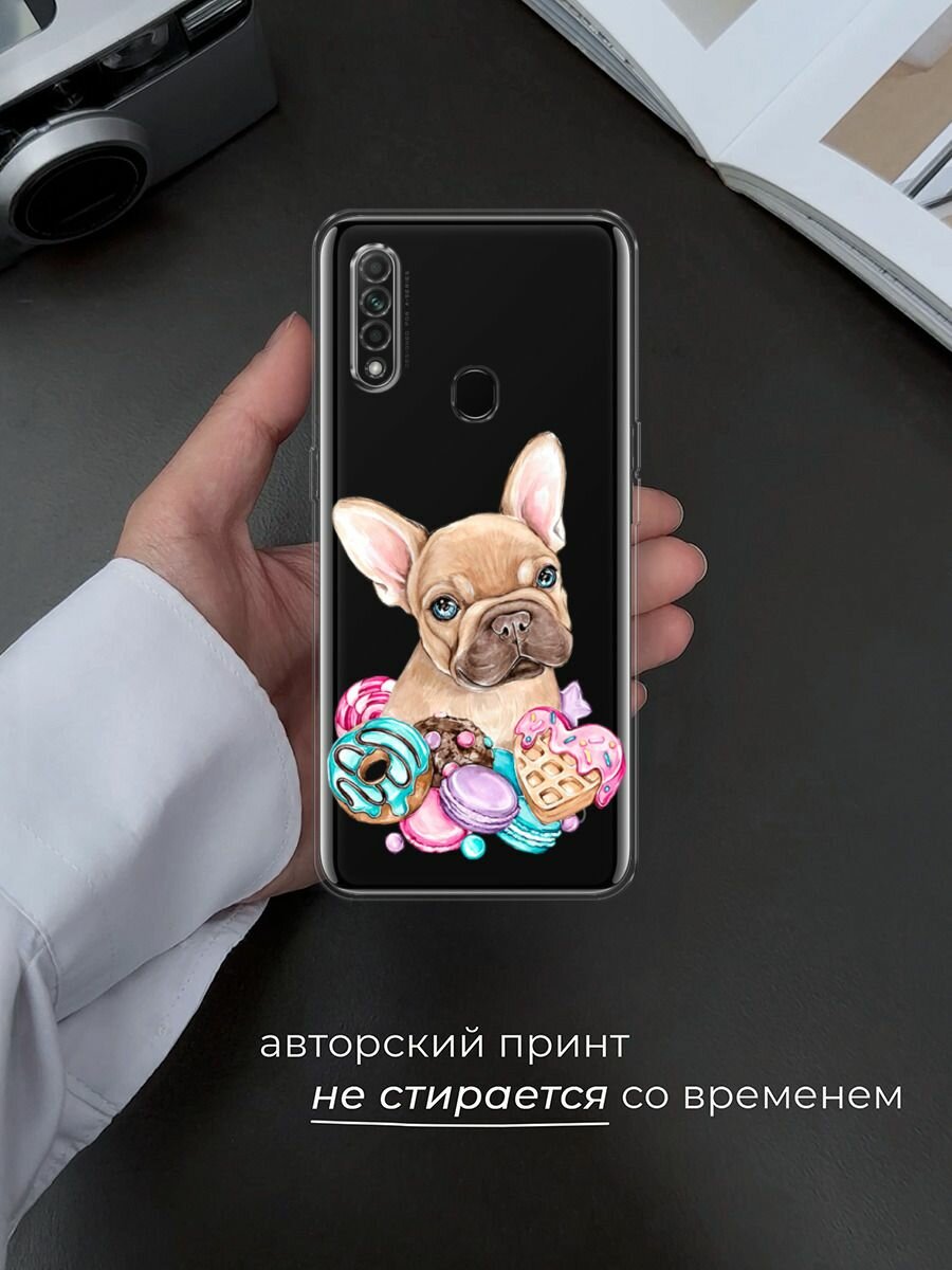 Чехол на Oppo A31 / Оппо А31 с принтом "Бульдог и сладости", прозрачный — фото 1