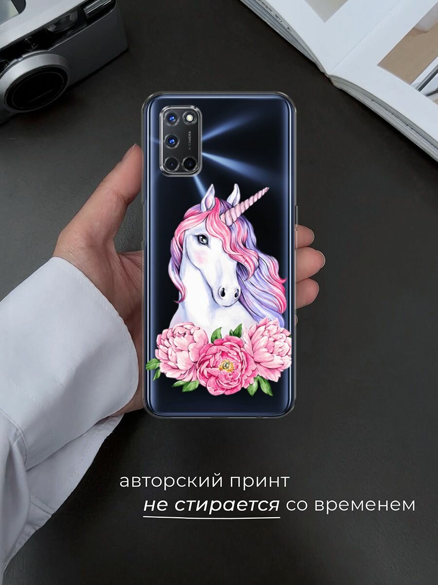 Чехол на Oppo A52/A72 / Оппо A52/A72 с принтом "Единорог с пионами", прозрачный — фото 1