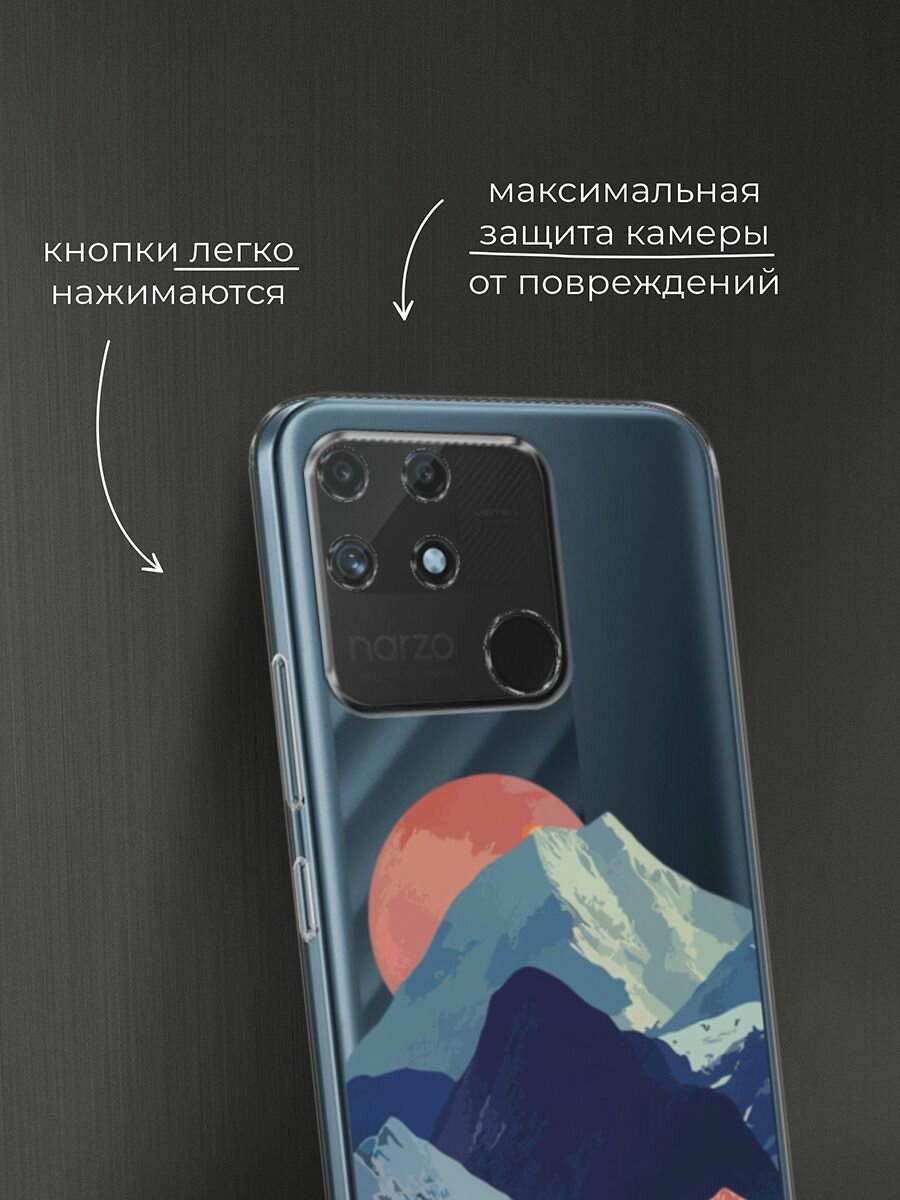 Чехол на Realme Narzo 50A / Реалми Нарзо 50A с принтом "Закат в снежных горах", прозрачный — фото 1