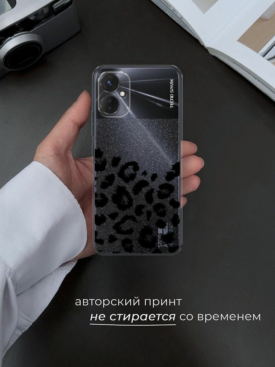 Чехол на Tecno Spark 9 Pro / Техно Спарк 9 Про с принтом "Окрас леопарда фон черный", прозрачный — фото 1