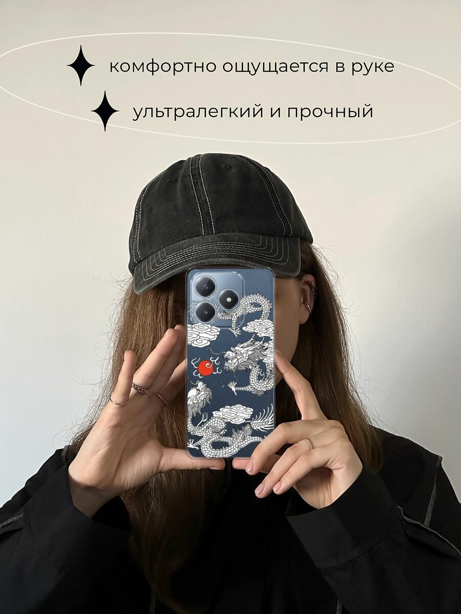 Чехол на Realme C63 / Реалми С63 с принтом "Драконы и Солнце", прозрачный — фото 1