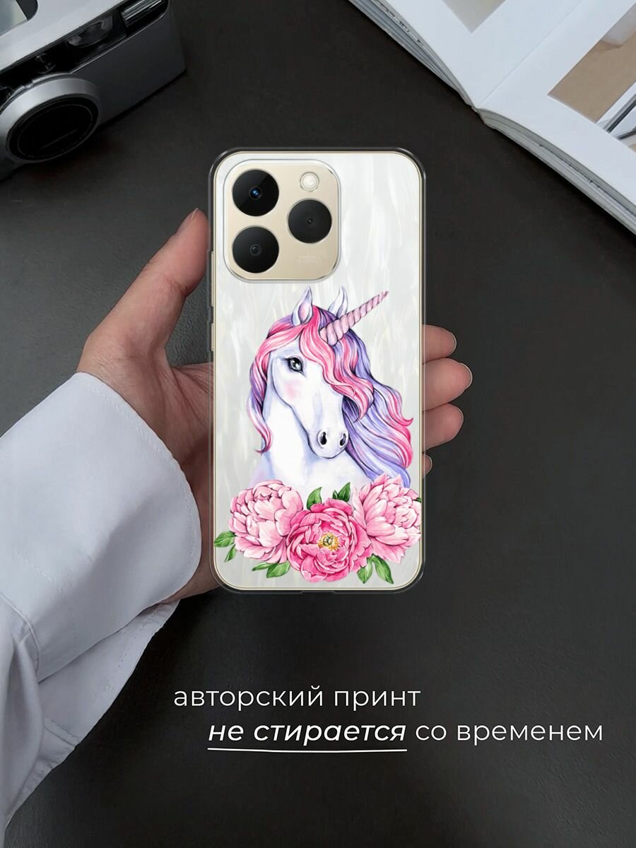 Чехол на Realme 15T / Реалми 15Т с принтом "Единорог с пионами", прозрачный — фото 1