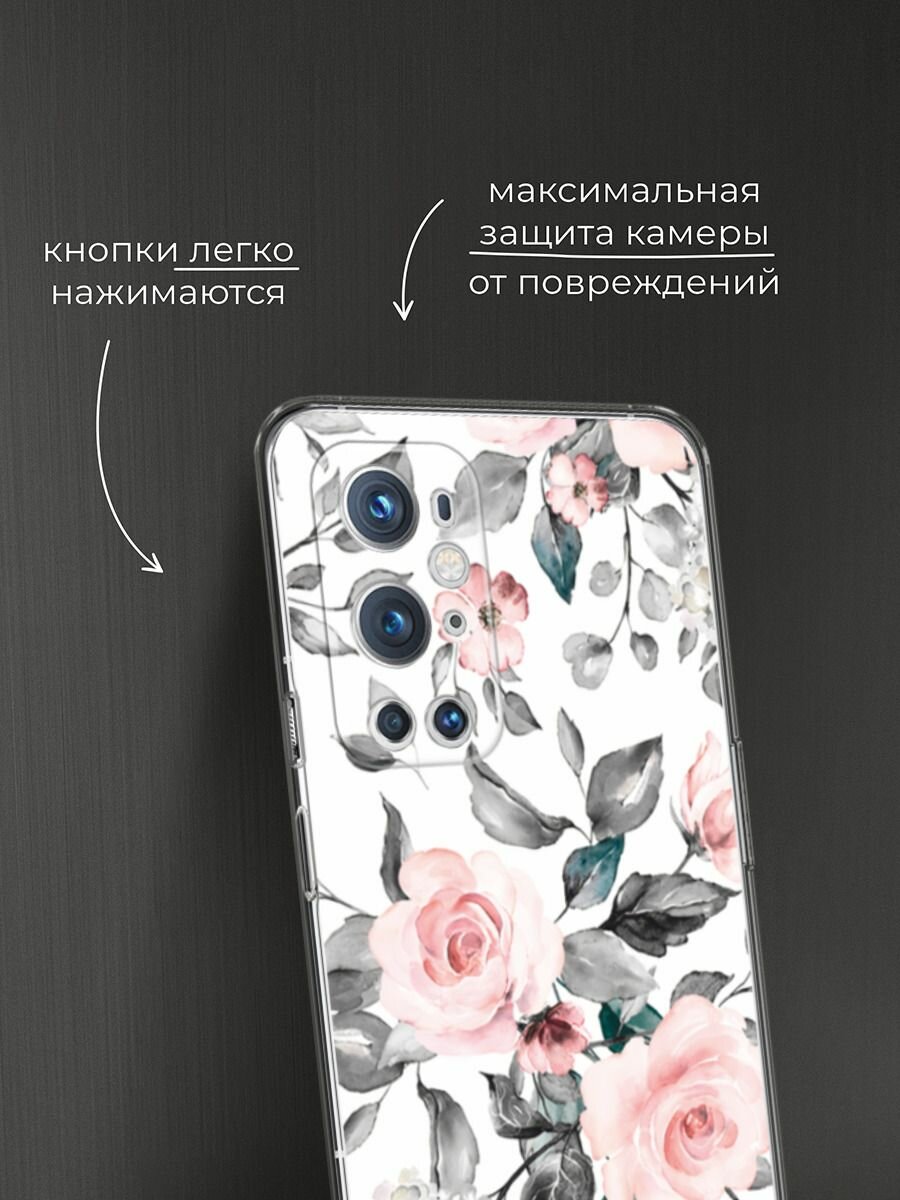 Чехол на OnePlus 9 Pro / ВанПлас 9 Про с принтом "Розы на белом" — фото 1