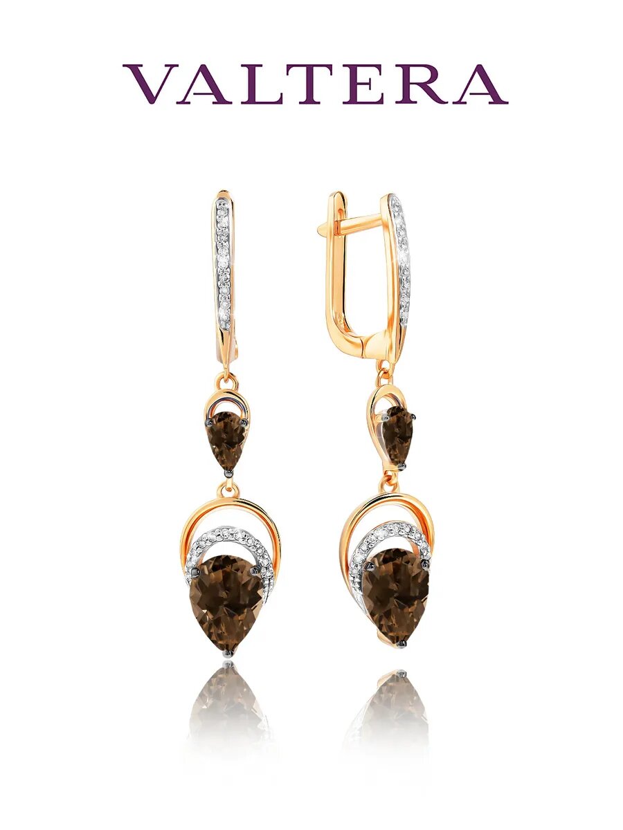 Серьги VALTERA, серебро, 925 проба, фианит, , золотистый, коричневый — фото 1