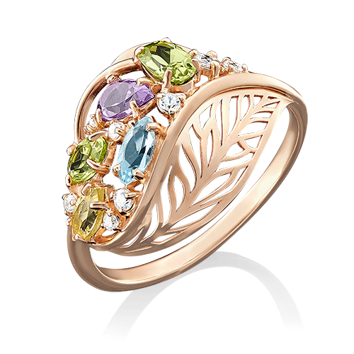 Кольцо, красное золото, 585 проба, аметист, хризолит, фианит, топаз, цитрин