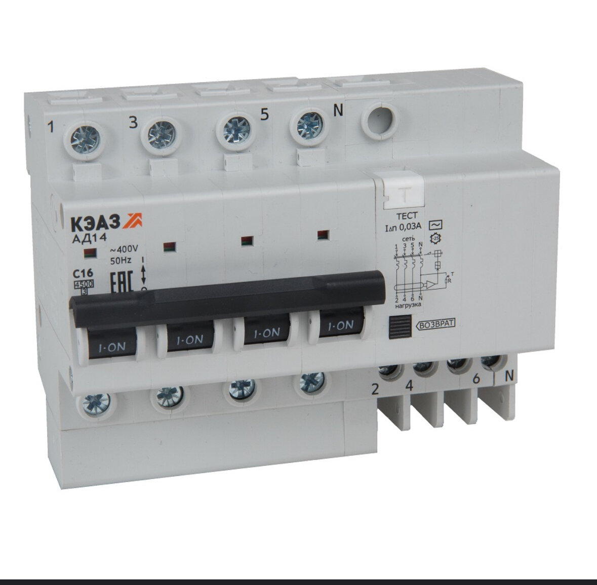 АВДТ с защитой от сверхтоков АД14-42C40-АC-УХЛ4 (4P, C40, 30mA) 4,5кА-КЭАЗ