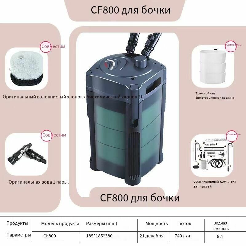 Внешний фильтр для аквариума Atman CF-800, 12 Вт, 960 л, рекомендуется для аквариумов объемом 200 300 л, встроенная губка, включая шланги и фитинги для входа и выхода воды.